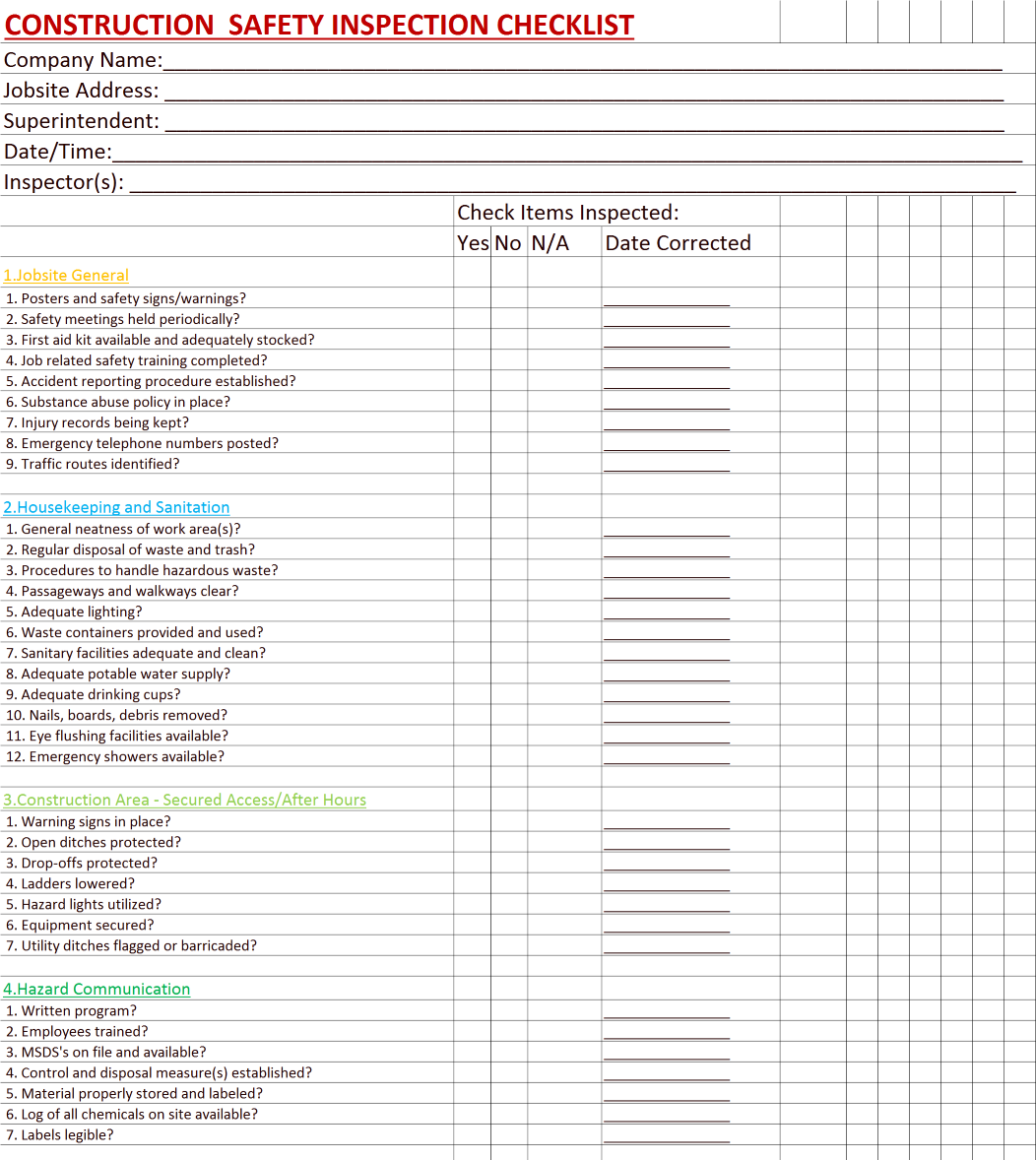 Construction Safety Inspection Checklist